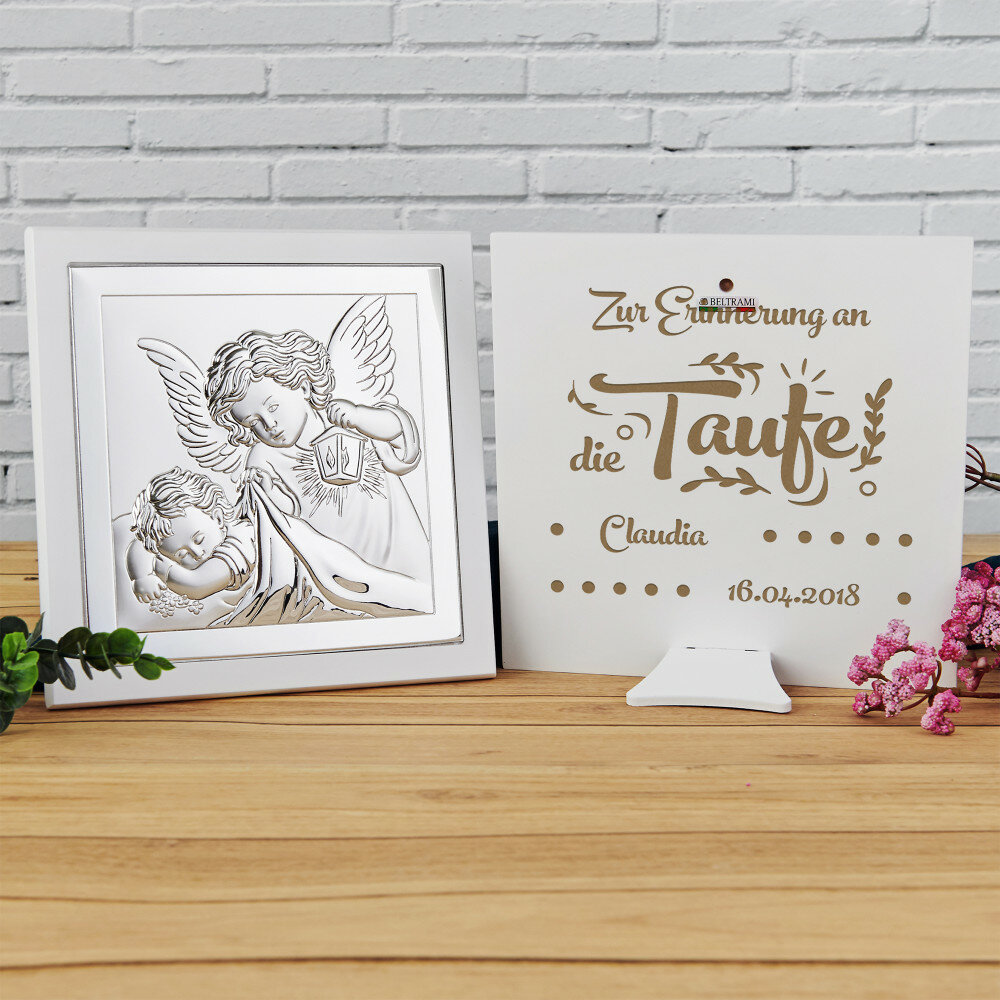 Taufe - Engel mit Laterne - Silbernes Bild mit Gravur - GeschenkSpeziell.de